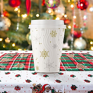 [100 SET]Harvest Pack 12 oz Christmas Coffee Cups, White Snowflake Winter Disposable Paper Cups, Insulated Ripple Wall Paper Cups with Lids, XMAS Gold and Silver Foil, Hot Chocolate To go
