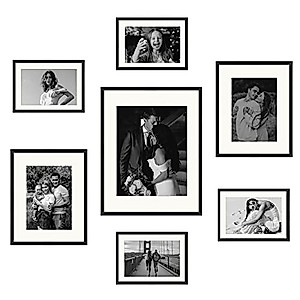 Frametory, Aluminum Gallery Wall Frame Set with Ivory Color Mat - 7 Pack of Metal Picture Frames with Real Glass - Four 5x7, Two 8x10, One 11x14 - Great for Photos, Artworks, Posters (Black)