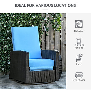 Outsunny Outdoor Wicker Swivel Recliner Chair, Reclining Backrest, Lifting Footrest, 360° Rotating Basic, Water Resistant Cushions for Patio, Light Blue