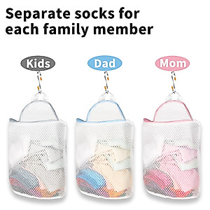 3Pcs Hanging Laundry Bags for Socks with S Hooks, 3 Color Mesh Laundry Bags for Washing Machine
