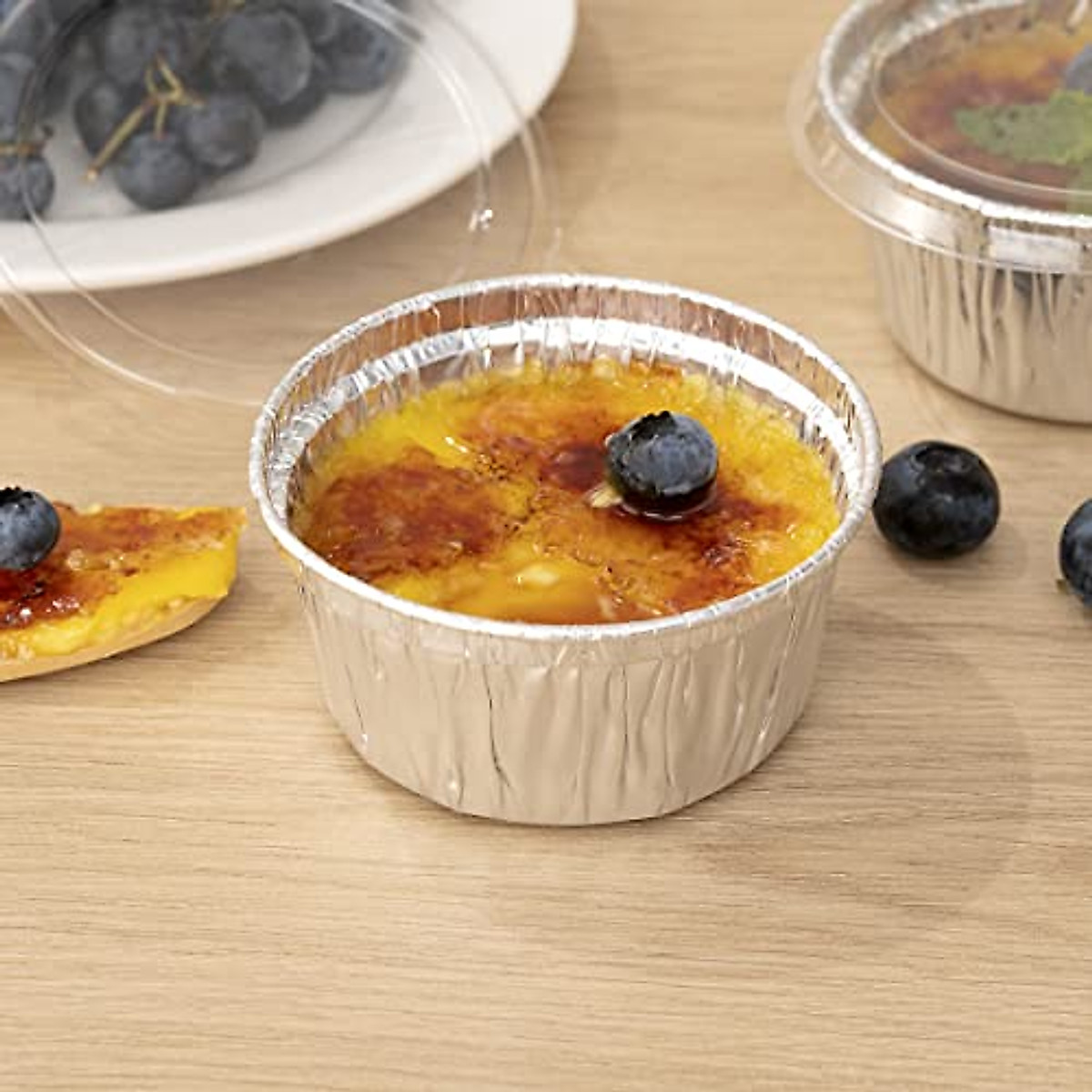 Restaurantware Foil Lux 4 Ounce Creme Brulee Cups, 100 Freezable Disposable Ramekins - Flat Lids Sold Separately, Oven-Ready, Silver Aluminum Baking Cups, Greaseproof, Stackable