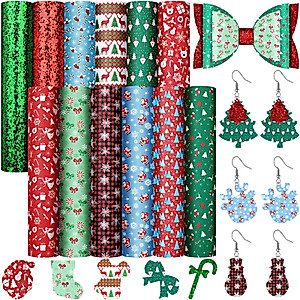 12 Pieces Christmas Faux Leather Sheets Christmas Pattern Synthetic Leather Sheets Glitter PU Faux Leather Fabric Sheets Santa Claus Printed Faux Leather Sheets for Handmade Crafts, 6.3 x 8.3 Inch