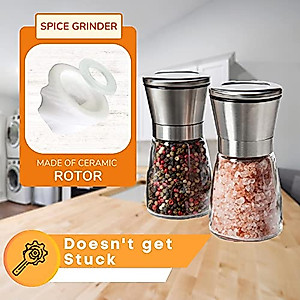 Professional Salt and Pepper Grinder Set – Premium Stainless Steel Salt and Pepper Shakers with Ceramic Spice Grinder Mill for Adjustable Coarseness - Added Bonus a Bamboo spoon and a Cleaning Brush.