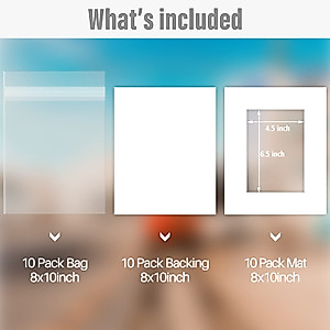 Golden State Art, Pack of 10 White Pre-Cut 8x10 Picture Mat Bevel Cut 4.5x6.5 Opening for 5x7 Photo with White Core Matte Sets Includes 10 High Premier Acid Free Mats & 10 Backing Board & 10 Clear Bag