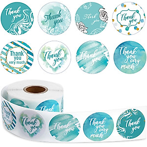 600 Pieces Thank You Roll Stickers Blue Watercolor Thank You Adhesive Stickers Business 1.5 Inch Thank You Envelope Sealing Stickers for Business Bridal Baby Shower Wedding, 8 Designs