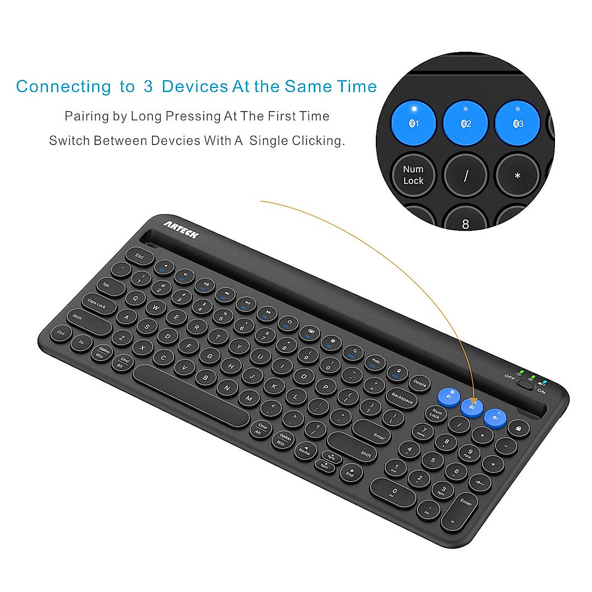 Arteck Wireless Bluetooth Keyboard for Windows, iOS, Android, Computer, Laptop, Smartphone - Multi-Functional with Built-in Cradle