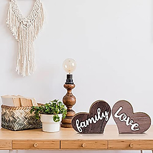 Jetec 2 Pieces Love Family Heart Wooden Sign Heart Shaped Wooden Decoration Rustic Table Sign Wooden Heart Table Centerpiece for Home Kitchen Living Room Bedroom Office Table Decor