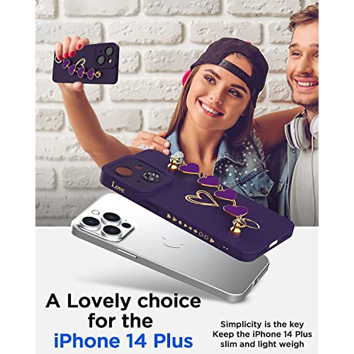 AICase iPhone 14 Plus Case for Women with Full Camera Lens Protection and Hand Strip Loop, Silicone Heart Girly Cute Side Soft Slim Shockproof Protective Cover for iPhone 14 Plus 6.7 inch_Purple