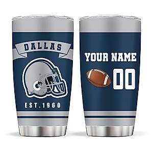 Custom Dallas Tumbler 20oz Stainless Steel with Lid & Straw Personalized Football Fans Gifts for Women Men Travel Cup Insulated Tumbler Add Name Number
