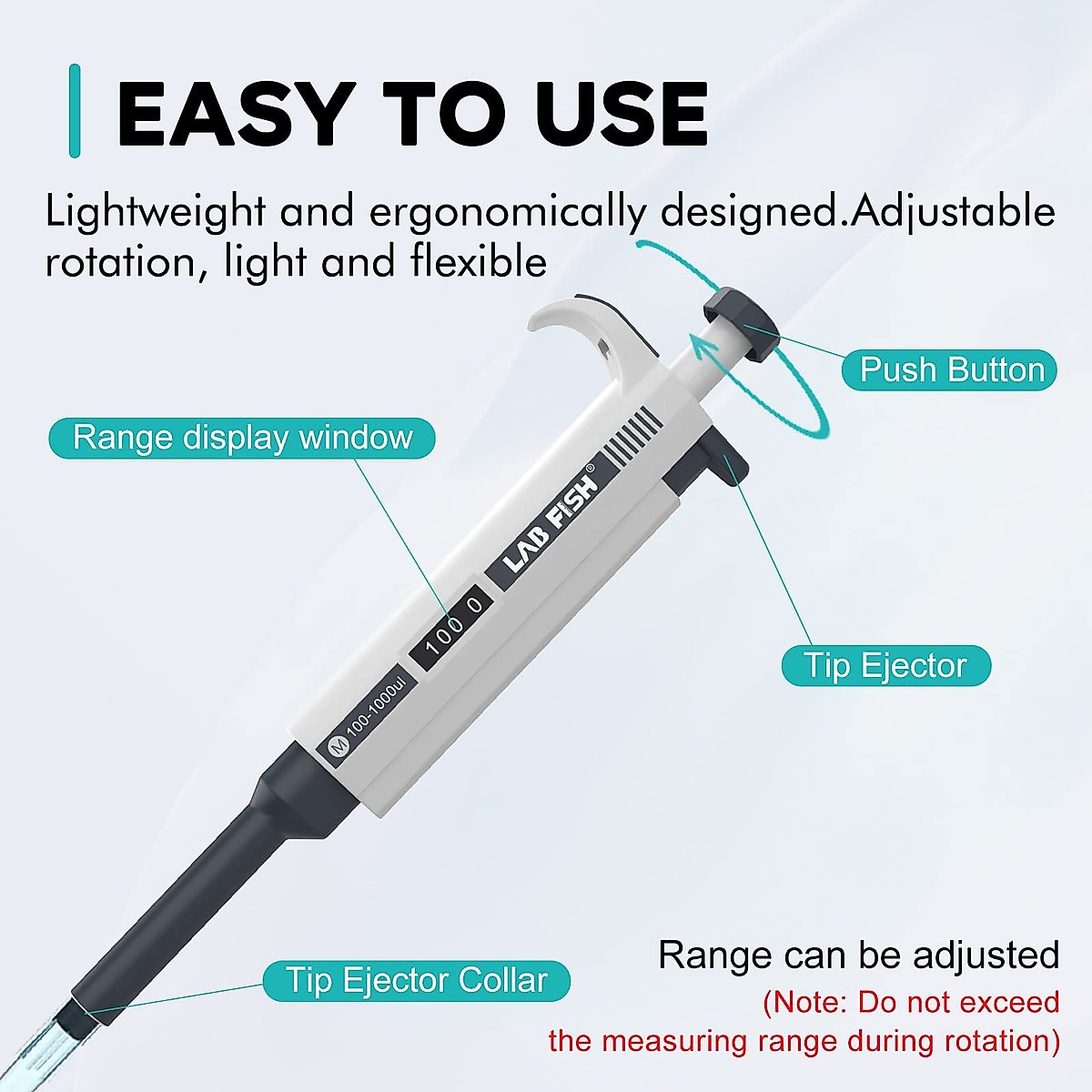 LAB FISH Laboratory Micropipette 100-1000ul Capacity Range High Accurate Single Channel Pipettor Manual Adjustable Volume Pipettes Increment 5ul with 200pcs 1000ul Pipette Tips Set
