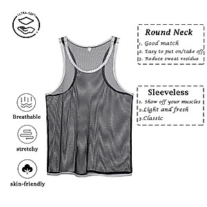JINSHI Men's Sexy Sleeveless Tank-Top,See Thru Sheer A-Shirt Vest,Mesh Club Wear Muscle Tee,Fishnet Undershirts Black L