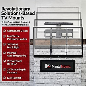 MantelMount MM340 Above Fireplace Pull Down TV Mount - with Patented auto-straightening, auto-stabilization, 2 Gas Pistons, Adjustable Motion Stops, Wire tabs & Safety Pull-Down Handles