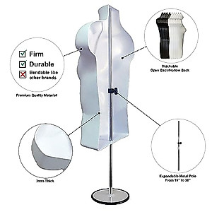 DisplayTown 1 Pack White Male Mannequin Torso with Metal Stand Dress Form Tshirt Display Countertop Hollow Back Body with Metal Pole & Hanging Hook S-M Clothing Sizes