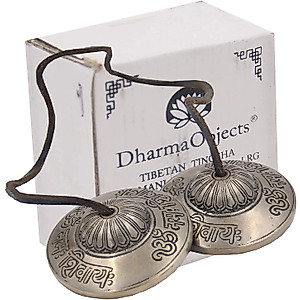 DharmaObjects Tibetan Premium Large Quality "Om Namah Shivaya" Tingsha Cymbals 3" With Pouch