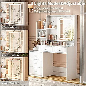 Vabches Vanity Desk with Mirror and Lights,Makeup Vanity with 6 Drawers and Shelves,Vanity Table with Power Outlet,Makeup Desk with Led Lighted Mirror in 3 Colors,for Bedroom,White