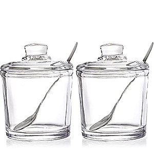 Frcctre Set of 2 Glass Sugar Bowl, 6 Ounces Clear Sugar Jar with Spoon and Lid, Salt Spice Pepper Bowl Seasoning Jar Condiment Pots Dispenser Container for Home Kitchen Coffee Bar