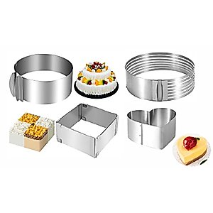 HAOYING 4 PCS Bakeware Set, 7-Layer Cake Slicer Cutter 9.5"-12",Cake Ring 6"-12", Square Cake Mold 6"-11", Heart Shape Cake Mold 4", Stainless Steel Pastry Slicing Rings Mousse Mould Baking Tools