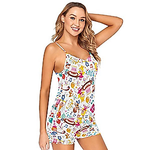 Colorful Happy Birthday Kids Party Pattern Balloons Gifts on White Women's Pajamas 2 Piece Set, Soft Print Satin Camisole Silk Lingerie Nightwear Sleepwear for Women Ladies Shorts (XL)