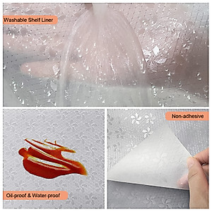 Shelf Liner, Shackcom 17.5in x 19.7ft Non-Slip Drawer Liner, PET Non Adhesive Washable Oil-Proof for Kitchen Cabinet, Shelves, Refrigerator, Storage, Table, Sink Mat (Clear, Bauhinia Pattern)