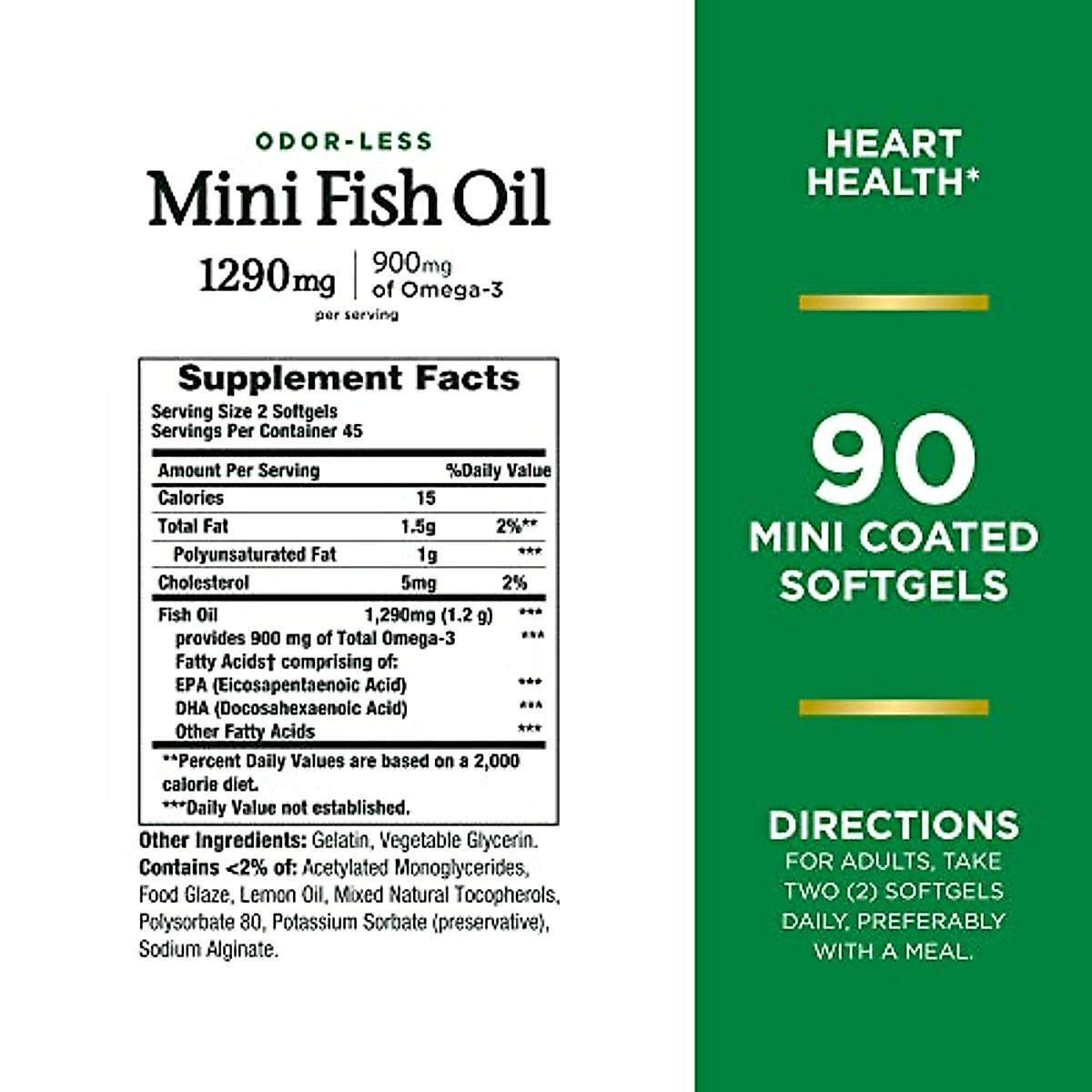 Nature’s Bounty Mini Fish Oil Softgels 1290 mg, Omega-3, Supports Heart Health, Odor-Less, 90 Mini Coated Softgels