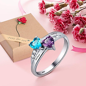 OPALSTOCK Personalized 2 Heart Birthstone Rings for Women Custom 2 Names Mother Rings for Mom Mother's Day Gifts Promise Rings for Her Engagement Rings for Women (6)