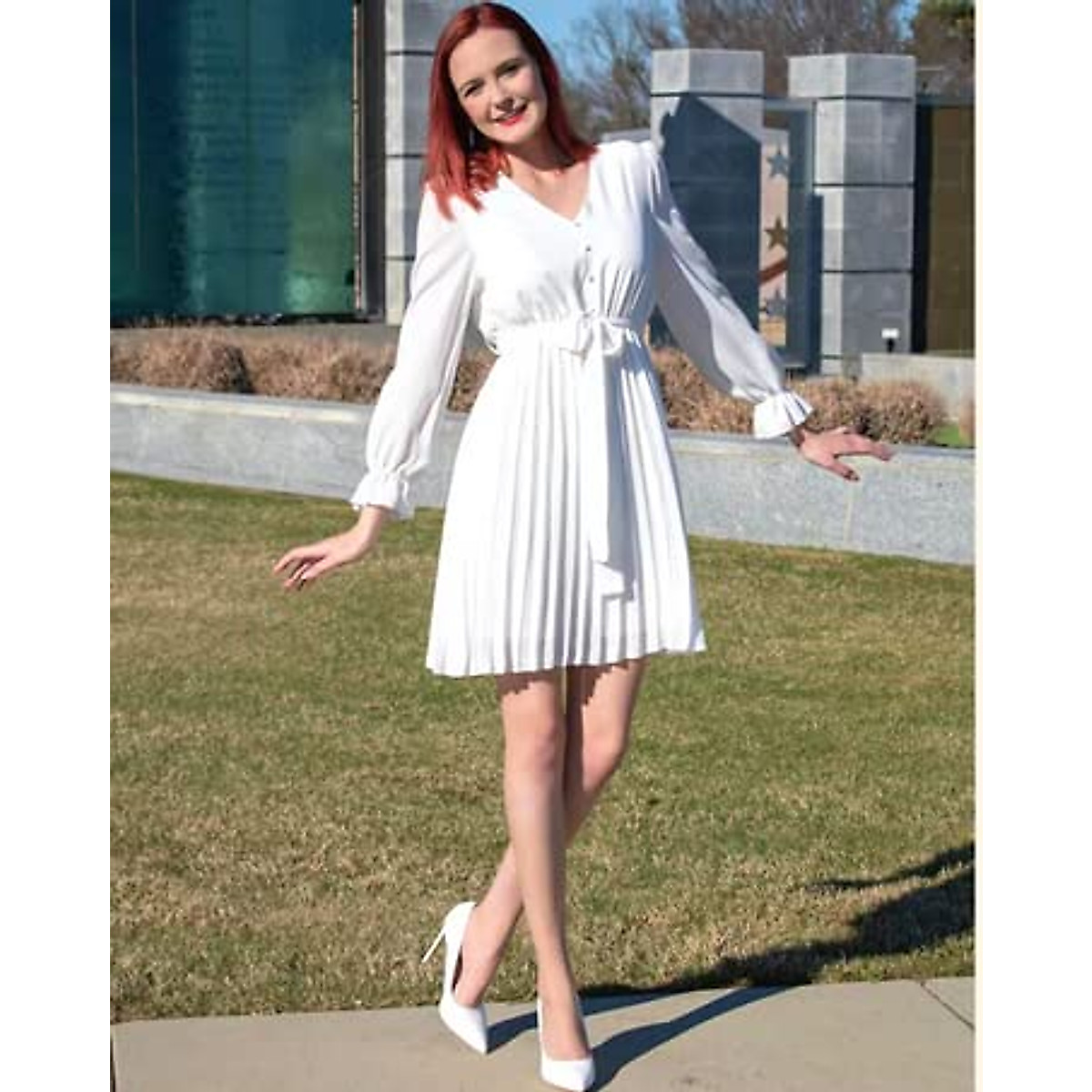 Kenaque Womens Long Sleeve V Neck Dresses for Wedding Guest Ruffle Lantern Sleeve Pleated Mini Dress with Belt Off-White