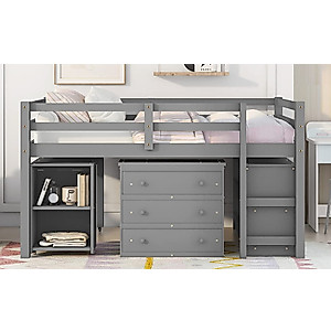 Full Size Loft Bed Frame with Rolling Portable Desk and Cabinet, Wooden Low Study Bedroom Loft Bed with 3 Storage Drawers, Bookshelf, Ladder and Safety Guardrails, Not Included Mattress, Gray