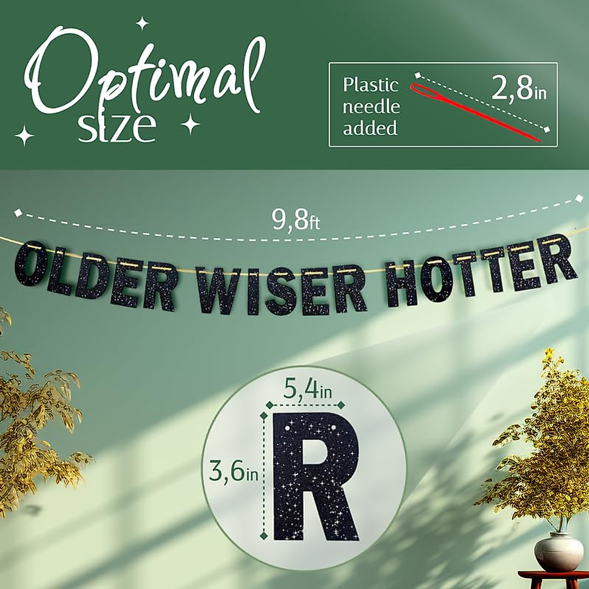 Pre-Strung Older Wiser Hotter Birthday Decorations - Creative Shining Black Happy Birthday Banner - No DIY Party Decorations For Men And Women - Funny Happy Birthday Sign - Thick Cardstock - 9.8 Ft