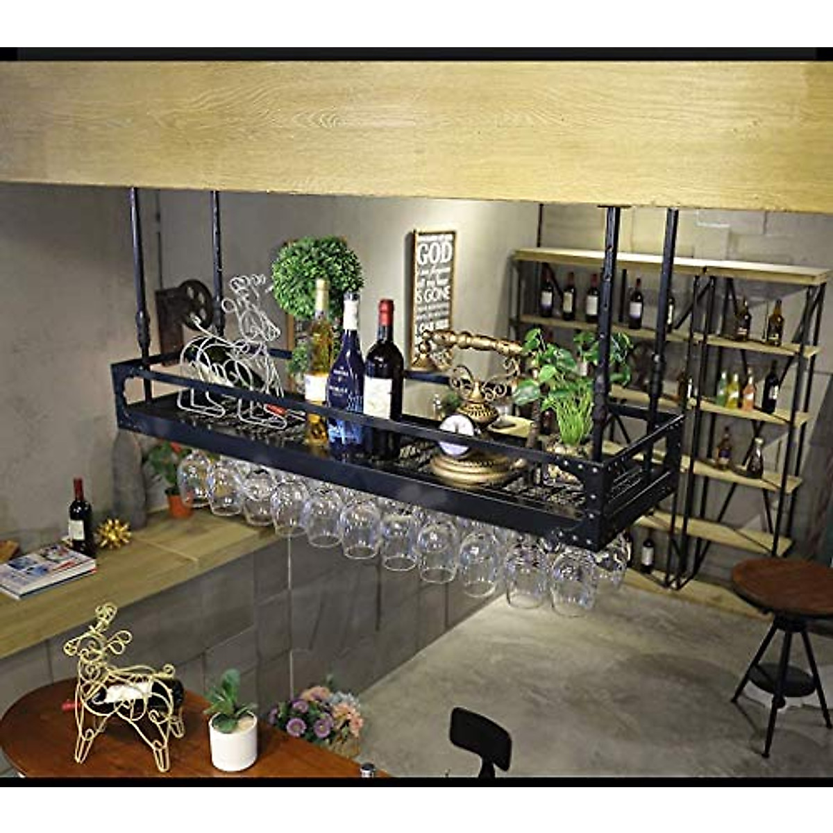 Stylish Simplicity Bar Ceiling Wallmounted Display Stand Wine Glass Rack Loft Metal Iron Storage Rack Home Display Shelf for Restaurant,Kitchen, PIBM, Black, 100×35cm