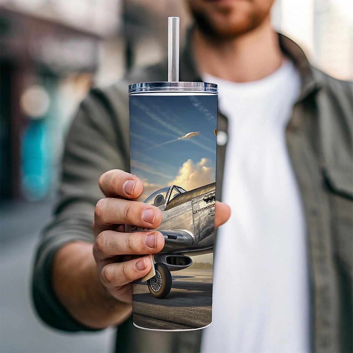 P-51 Mustang WWII US Fighter Plane Skinny Tumbler 20oz with Straw Insulated Water Bottle Gift