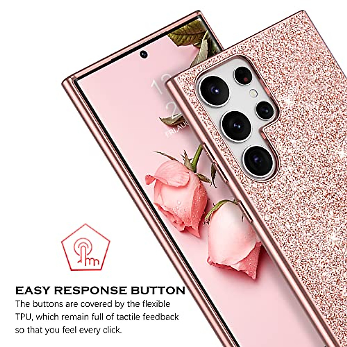 YINLAI Case for Samsung Galaxy S23 Ultra Case, 6.8 Inch Glitter Bling Sparkly Shiny Slim Women Girls Hybrid Soft Smooth Shockproof Protective Girly Phone Cases Cover, Rose Gold/Pink