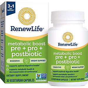Renew Life Metabolic Boost Pre + Pro + Postbiotic; Prebiotics, Probiotics and Postbiotics Support Optimal Digestive Health and Metabolic Health; 30 Vegetarian Capsules*