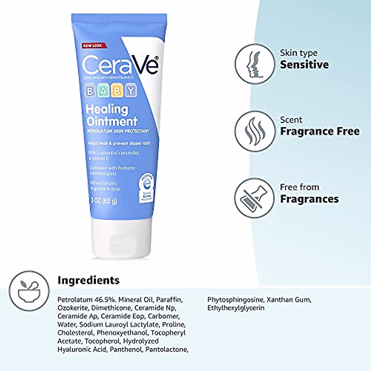 CeraVe Diaper Rash Cream | Baby Healing Ointment for Extra Dry, Cracked Skin | Diaper Cream with Ceramides & Vitamin E | Lanolin, Fragrance, Paraben, Dye, Phthalates & Sulfate Free | 3 Ounce