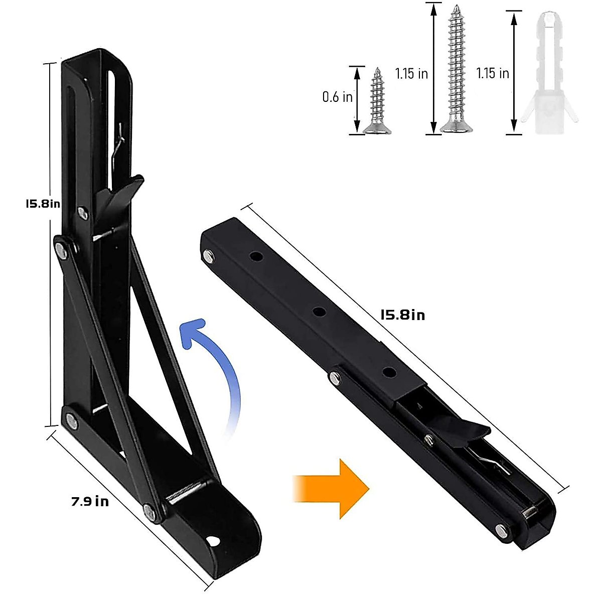 AUTOHJ Folding Shelf Brackets - 16 Inch 2 Pcs Heavy Duty Stainless Steel Collapsible Triangle Shelf Bracket, DIY Wall Mounted Folding Table Hinge, Space Saving for Bench Table with Screws