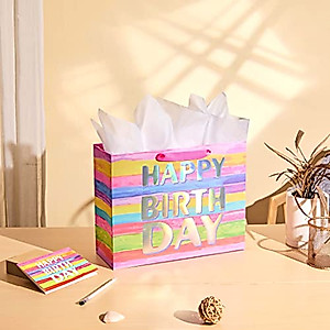 SUNCOLOR 13" Large Gift Bag with Card and Tissue Paper (Colorful Happy Birthday)