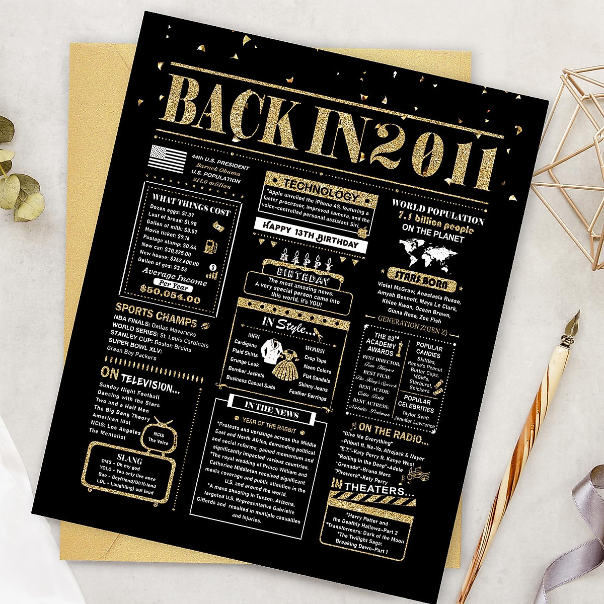 BGTCARDS 13th Birthday Card, 13th Birthday Decorations for Girls, 13th Birthday Gifts for Daughter, Back in 2011 Birthday Card, Black Gold