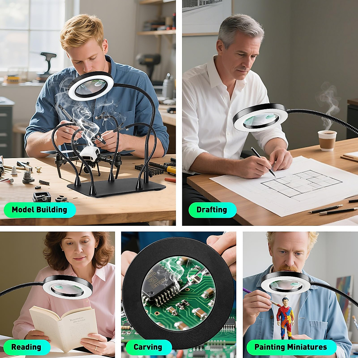 5X&10X Magnifying Glass with Light and Stand, KUVRS Flexible Magnetic Helping Hand, Large Base&Clamp Magnifying Lamp, 3 Color Adjustable Arm Desk Magnifying Glass with Light for Soldering Craft Hobby