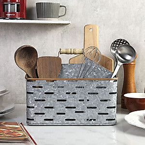 MyGift Galvanized Metal Kitchen Utensil Holder Caddy with 2 Compartments, Copper Tone Edges and Rustic Wood Handle - Handcrafted in India