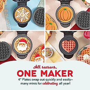 DASH Holiday Multimaker Mini System - Waffle Maker with Six 4” Removable Holiday Plates: Waffle Iron & Griddle, 4-in-1 Mini Waffle Maker for Kids and Families – Nonstick Surface, Santa Waffle (Red)