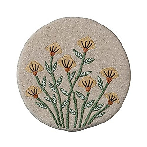 Creative Co-Op Boho Cotton Upholstered Floral Embroidery and Oak Wood Legs, Multicolor Stool, Ivory