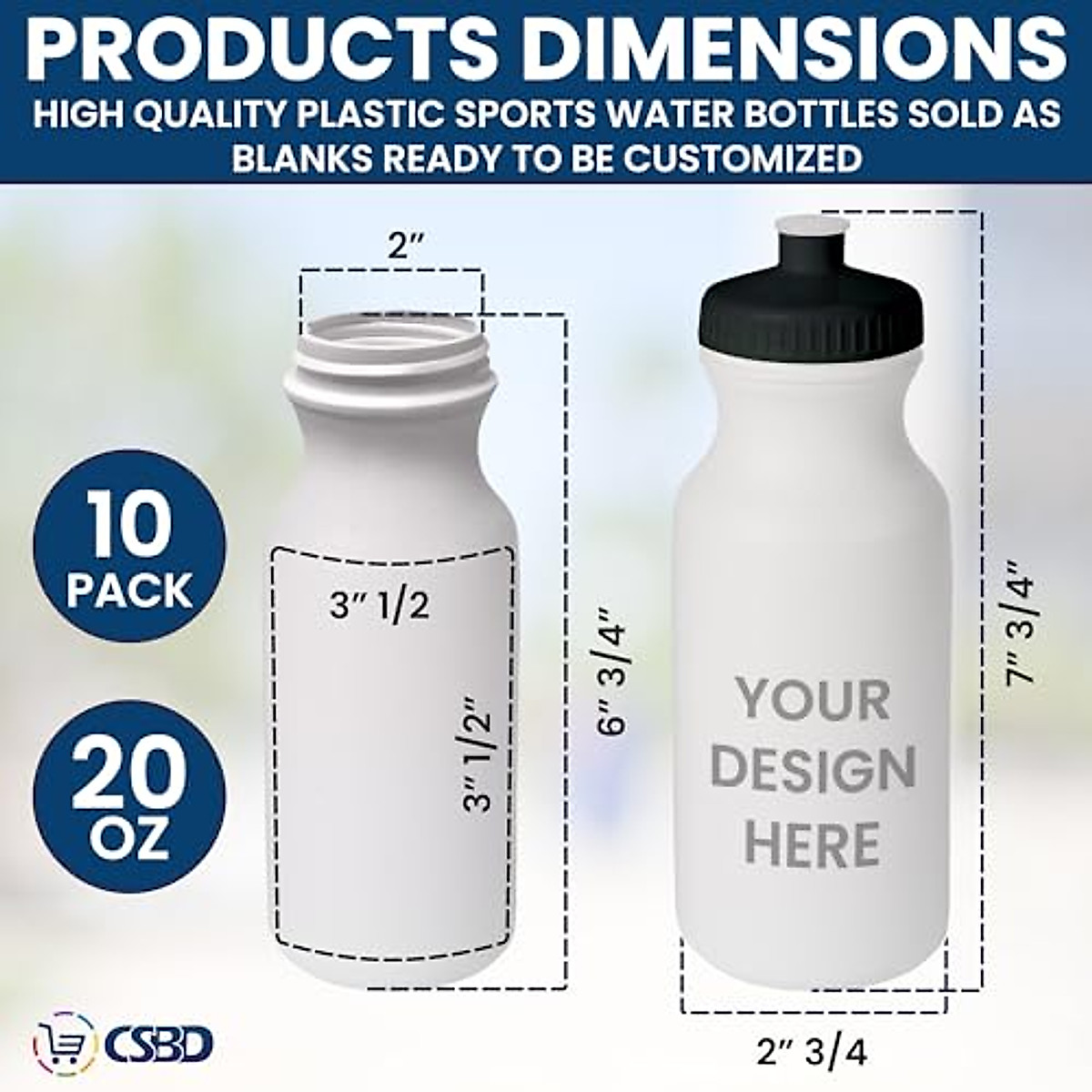 CSBD 20 oz. Bulk Water Bottles, Made in USA, Blank Plastic Reusable Water Bottles for Gym, Cycling, BPA Free, Plastic Water Bottles Pull Top Cap for Sports, White Bottle/Black Lid - 10 Pack