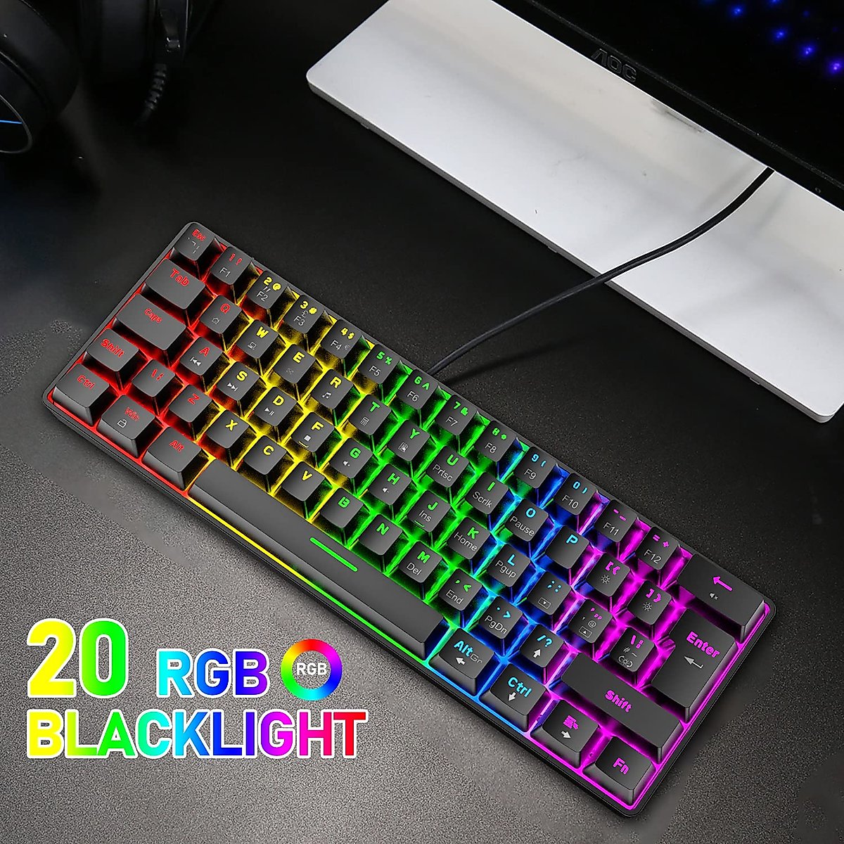 60% True Mechanical Gaming Keyboard Ultra-compact with 20 Rainbow Backlit Type C Wired Programmable 62 Keys Linear Red Switch Waterproof Non-Conflict and Gaming Mouse Pad  for PC/Laptop/PS5（Black)
