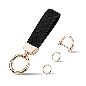 Hamdecro Genuine Leather Car Keychain, Handmade Knit Sheepskin Key chains for Women, Universal Key Fob Holder with 360 Degree Rotatable, Anti-Lost D-Ring, 2 Keyrings and 1 Screwdriver – Black