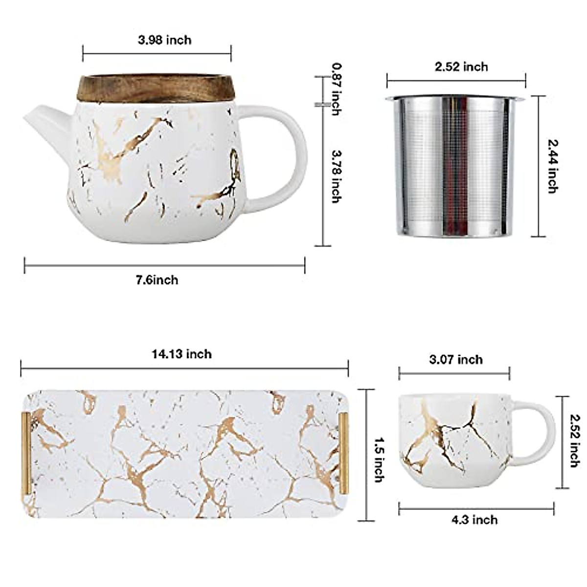 Taimei Teatime White Porcelain Tea Set, 25oz Teapot Set with Infuser, 4 Tea Cups and Porcelain Tray, Luxury Tea Set for Adults with Modern Marble Design, Tea Gift Set for Tea Lovers, Woman and Men