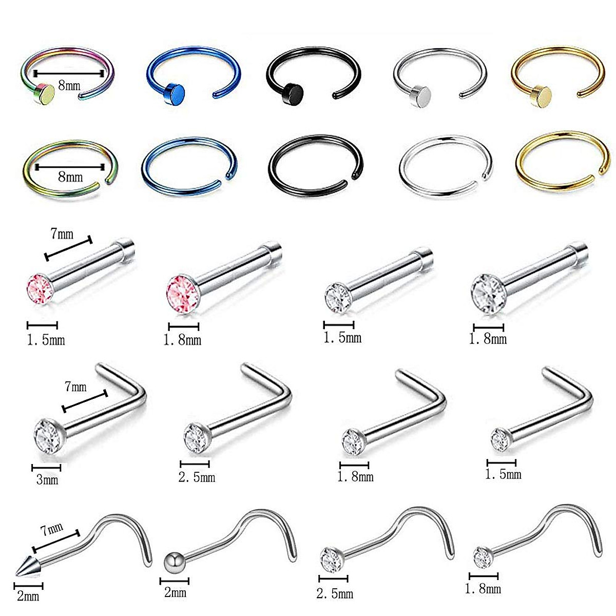 Jconly 46Pcs Ear Nose Lip Piercing Kit - 20G 18G Professional Colorful for 316L Steel Needles Clamps…