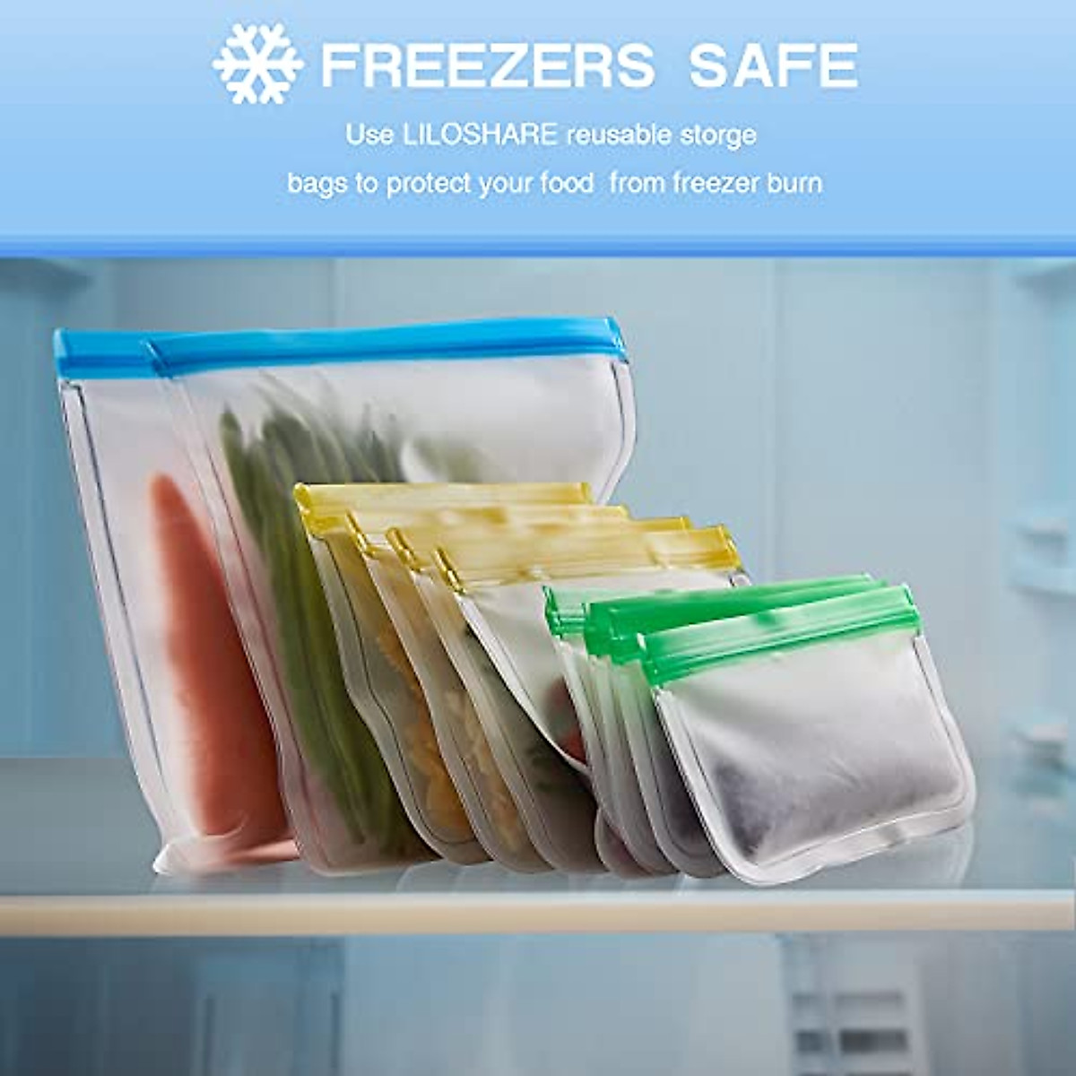 10 Pack Reusable Food Storage Bags, BPA Free Reusable Freezer Bags(2 Reusable Gallon Bags + 4 Leakproof Reusable Sandwich Bags + 4 Food Grade Kids Snack Bags) Resealable Lunch Bag for Meat Fruit Veggies