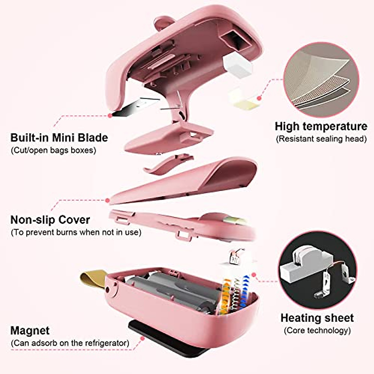 Mini Bag Sealer, Kenossion Chip Bag Sealer - Bag Sealer Heat Seal with Cutter & Magnet, Portable Mini Sealing Machine to Reseal Plastic Bags & Keep Snacks Fresh-Pink (2xAA Batteries Included)