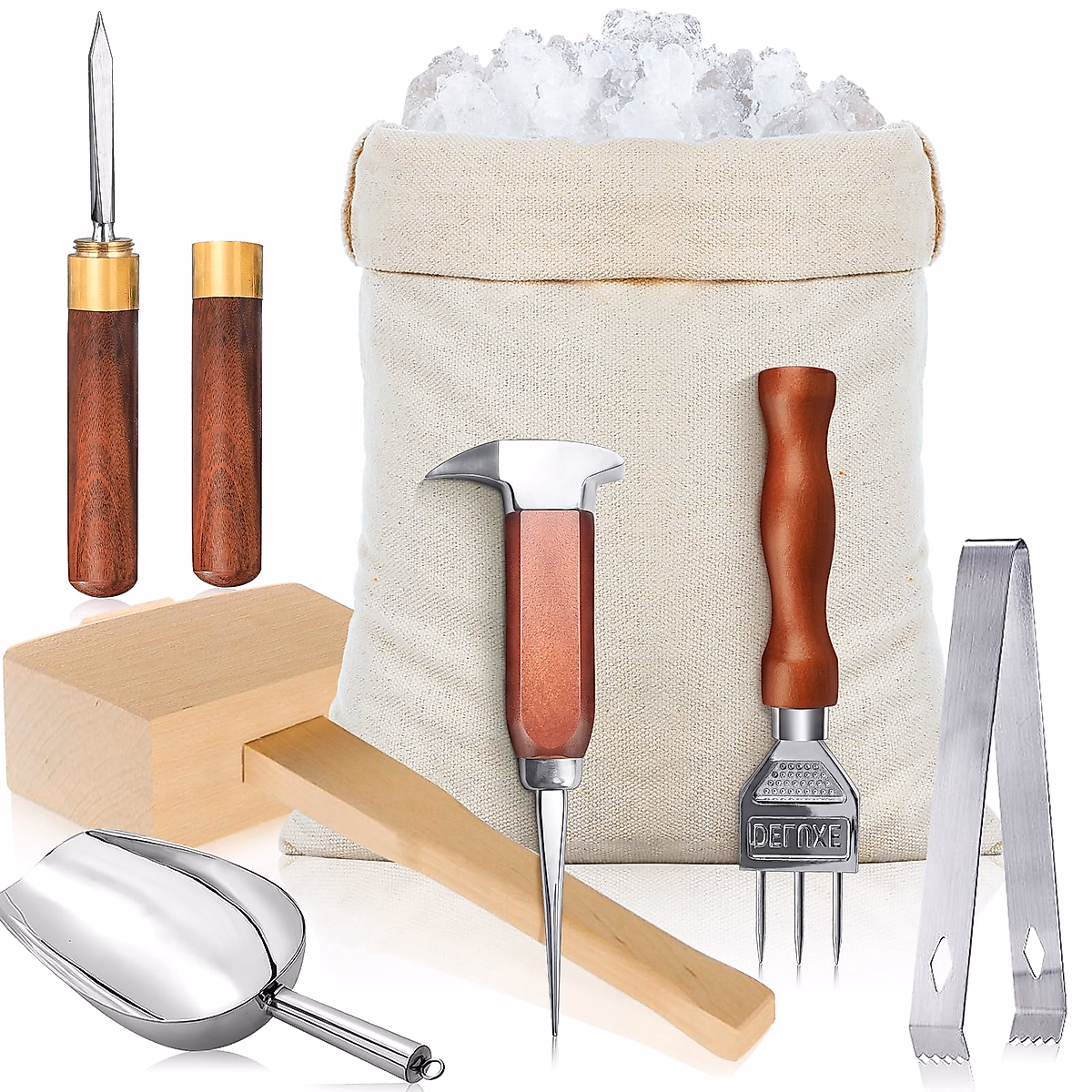 Ice Pick Set of 7 - Stainless Steel Ice Chipper Tea Knife with Wooden Handle, Crushed Ice Lewis Bag and Wood Hammer for Breaking Ice Carving Kitchen Tool Bartender Bars Picnics Camping Restaurant