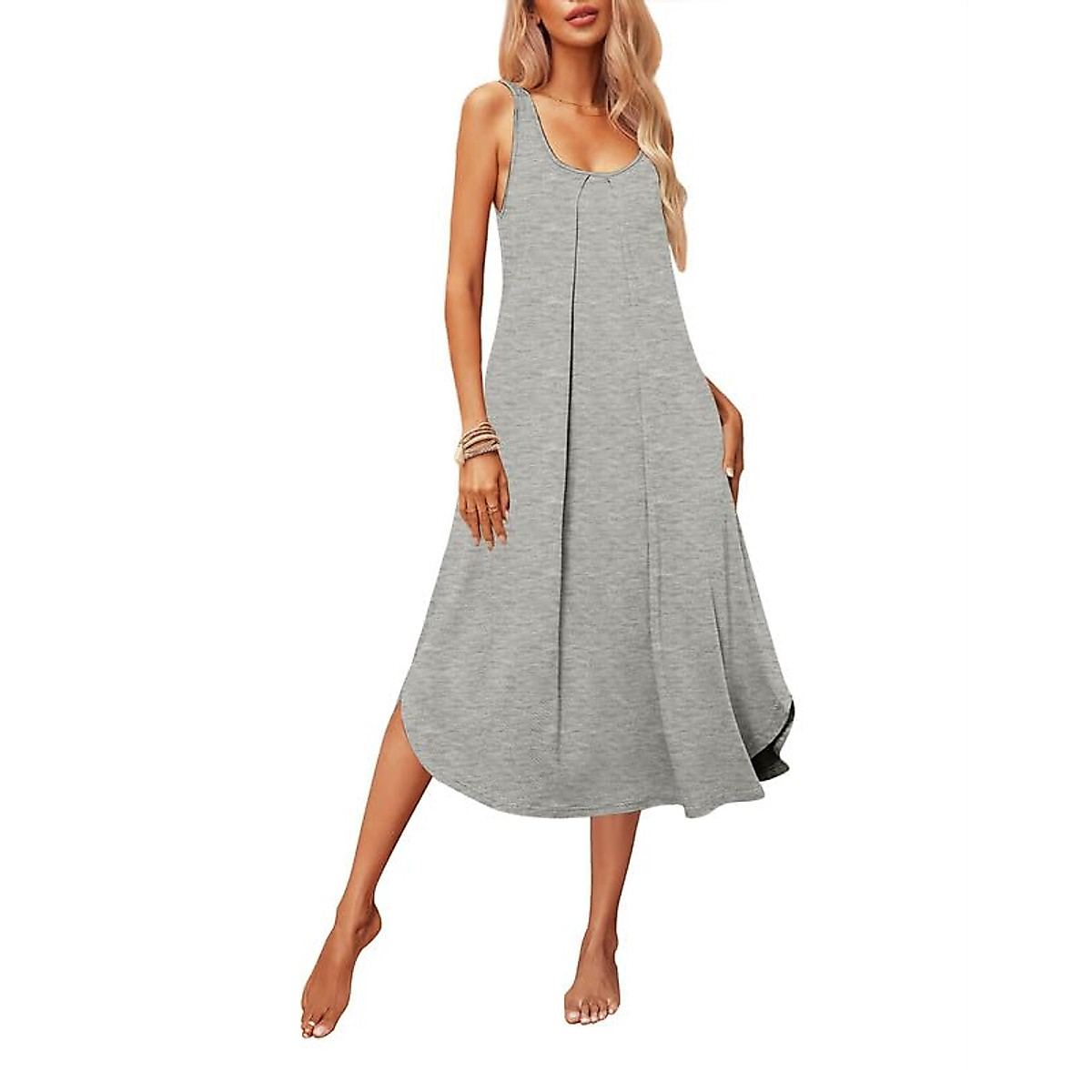 Ekouaer Women Nightgowns Long Sleeveless Sleepshirt Soft Tank Sleepwear Full Slip Nightshirt Light Grey L
