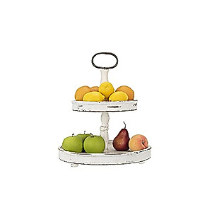 Creative Co-op EC0125 Distressed Wood 2-Tier Tray with Metal Handle, Cream